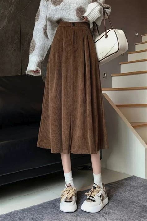 High Waist A Line Belted Skirt Casual Solid Color Corduroy Ankle