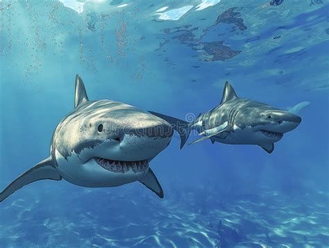 Two Great White Sharks Swimming Underwater Stock Image Image Of
