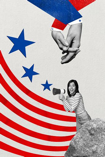 흥분한 여성의 합성 콜라주 이미지 발표 손 개최 독립 기념일 미국 기념일 7월 4일 판타지 광고판 만화 진 20 24세에 대한 스톡 사진 및 기타 이미지 Istock