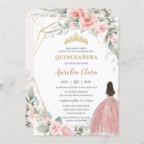 Chic Blush Pink Floral Princess Crown Quinceañera Invitation Quince