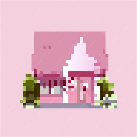 픽셀 아트 귀여운 핑크색 집 프리미엄 벡터