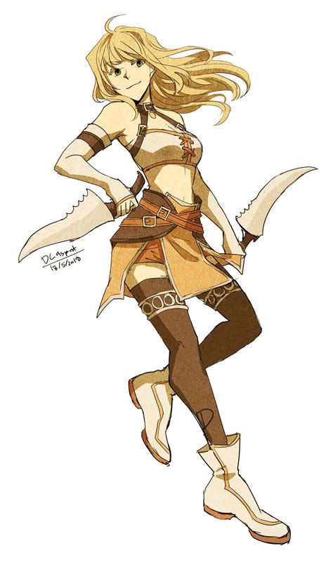 A Drawing Of A Woman With Long Blonde Hair And Boots Holding A Knife