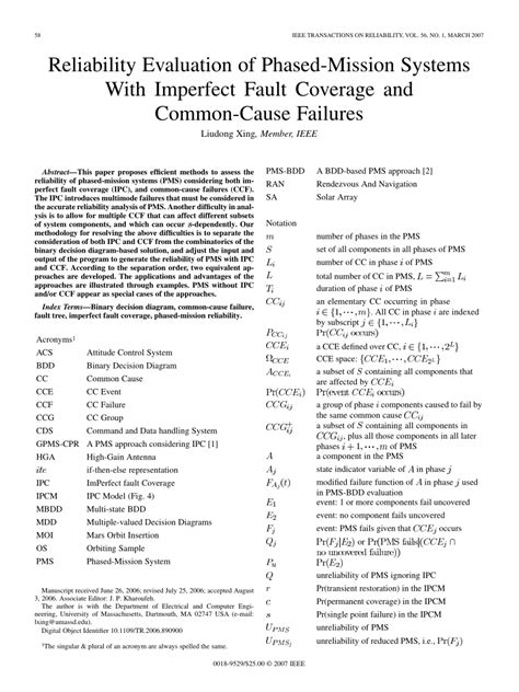 Pdf Reliability Evaluation Of Phased Mission Systems With Imperfect Fault Coverage And Common