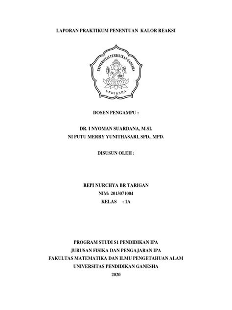 Laporan Praktikum Penentuan Kalor Reaksi Repi Nurchya Br Tarigan 004 Pdf