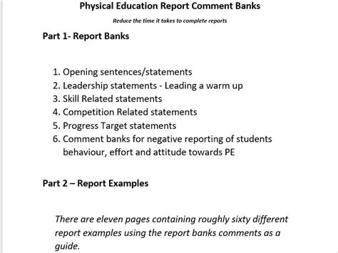 Pe Report Banks And Report Examples Teaching Resources