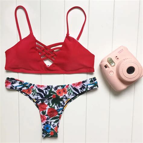 Bikini Red Floral Hollow Out Two Piece Swimsuit With Thong Brazilian
