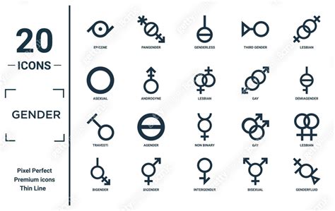 Gender Linear Icon Set Includes Thin Line Epicene Asexual Travesti Bigender Genderfluid