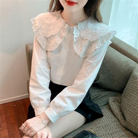 襯衫．甜美蕾絲荷葉娃娃領排釦長袖上衣．白鳥麗子 超獨賣 長袖 Yahoo奇摩購物中心