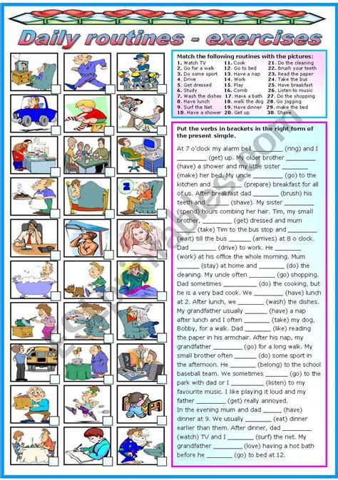 Daily Routines Exercises Bandw Version Included Esl Worksheet By