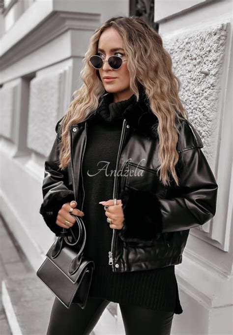 Jacke aus Lederimitat mit Fell Shopaholic Schwarz Andżela Online Shop