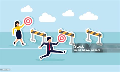 사업가와 사업가는 각각 다른 장애물과 경주하는 타겟 보드를 들고 있으며 다양한 비즈니스 도전으로 목표를 달성하기 위한 비즈니스 경쟁의 그림입니다 개선에 대한 스톡 벡터 아트
