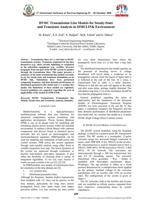 Pdf Hvdc Transmission Line Models For Steady State And Transients