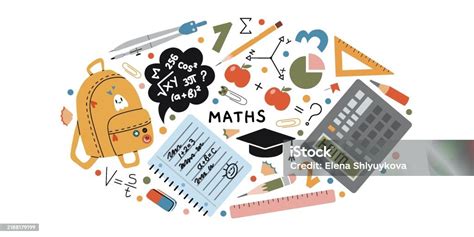 학교에서 수학 수업 과학 계산기 숫자 배낭 공책 수학 공식 숫자 연필 통치자 및 나침반이 있는 타원형 예술 벡터 고립 된 그림 손으로 그린 플랫 0명에 대한 스톡 벡터 아트