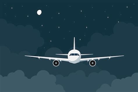 Imagem de um avião civil voando na noite acima das nuvens ilustração do estilo Vetor Premium