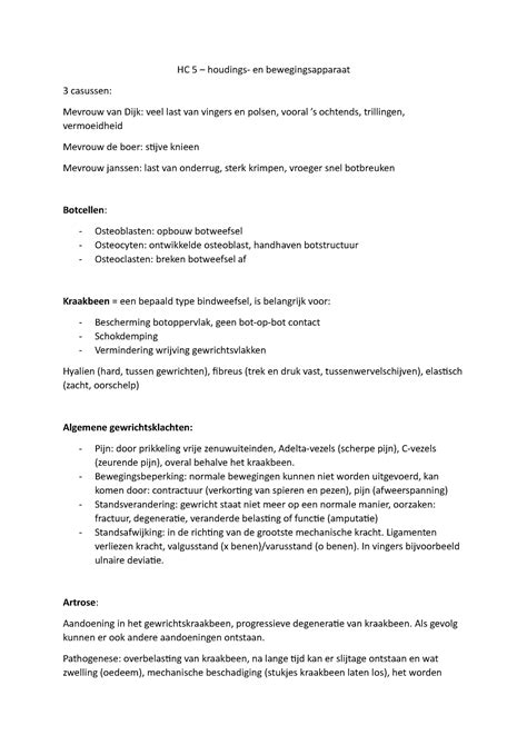HC Hoorcollege Aantekeningen HC Houdings En Bewegingsapparaat Casussen Mevrouw