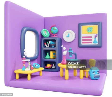 3d 렌더링 학교 인테리어 방 과학 실험실 귀여운 아이콘 만화 스타일 흰색 격리 3d 렌더 그림입니다 3차원 형태에 대한 스톡 사진 및 기타 이미지 Istock