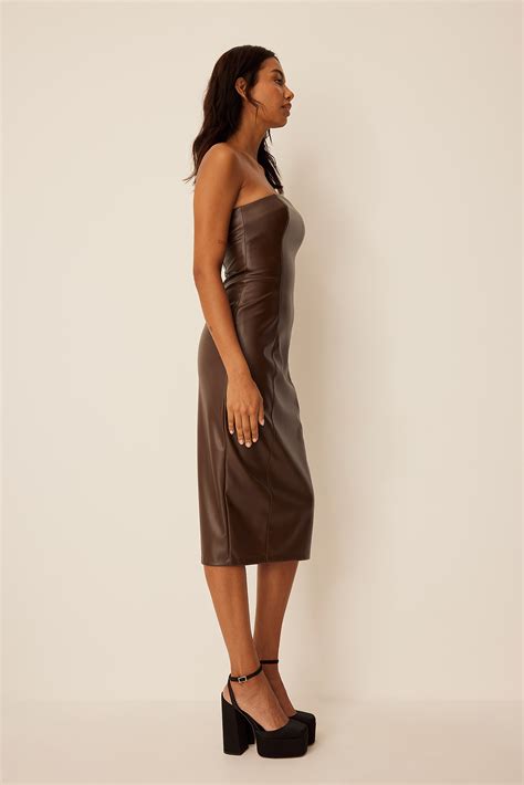 Bandeau Midi Pu Dress Brown Na