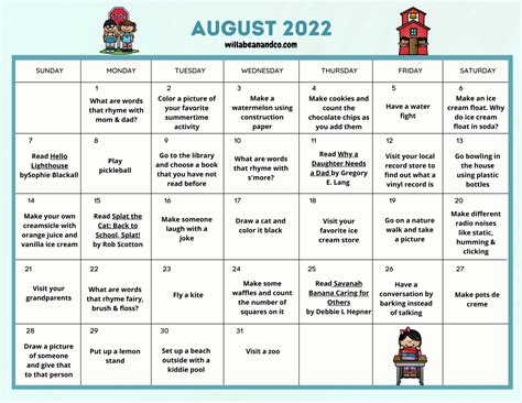 August Activity Calendar Willa Bean And Co