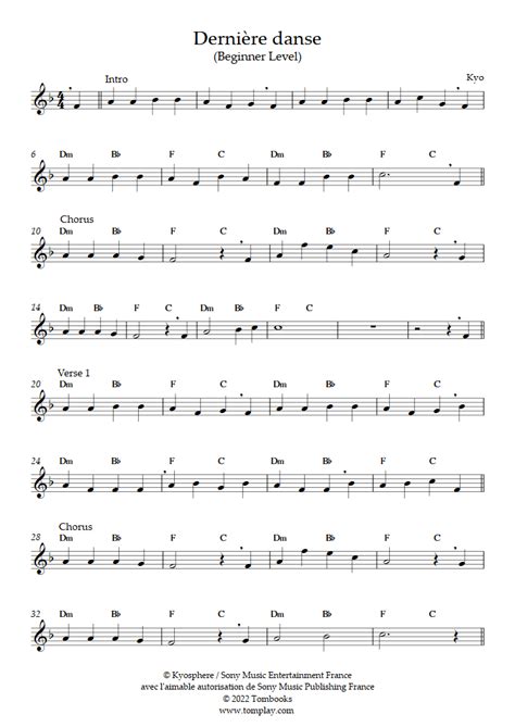 Dernière danse Beginner Level Kyo Flute Sheet Music