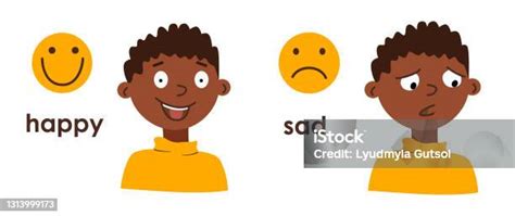 다른 얼굴 표정을 가진 작은 아프리카 계 미국인 소년 행복하고 슬픈 아이 나쁜 좋은 분위기 벡터 만화 캐릭터와 이모티콘 아이들을위한 돌을 배우고 기쁨 슬픔 불행 가공의