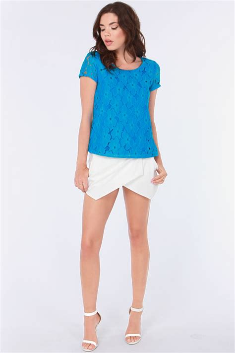 Cute Blue Top Lace Top Short Sleeve Top 6800 Lulus