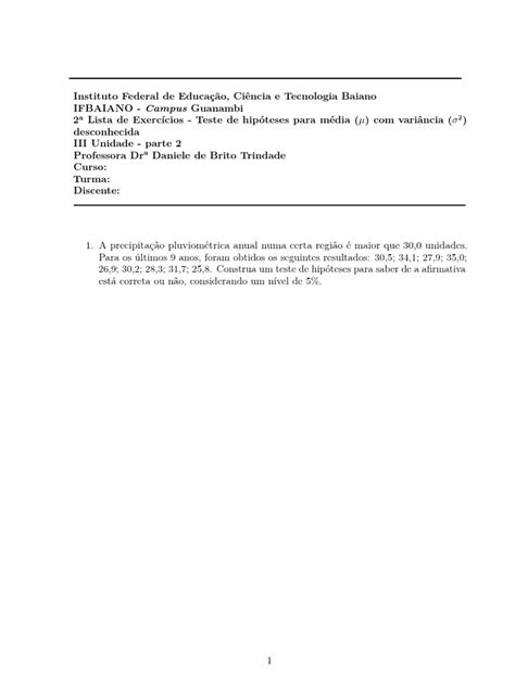 Lista De Teste De Hipoteses Variavel Desconhecida Estatistica 3 Unidade