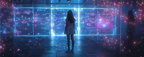 Girl In Futuristic Digital Space With Neon Lights And Holographic Projections Premium Ai
