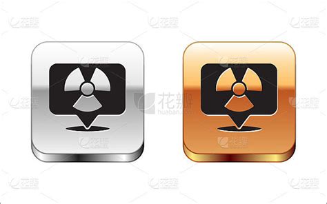 黑色放射性的位置图标孤立在白色背景上。放射性有毒的象征。辐射危险的信号。金银平方按钮。向量