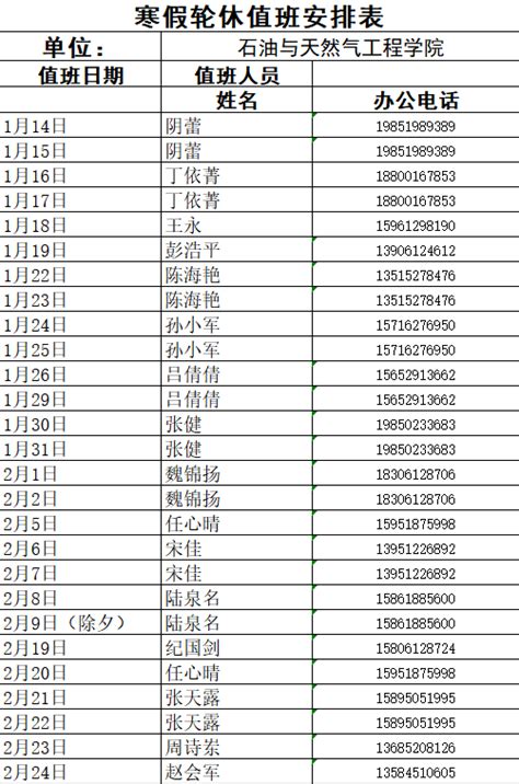 石工学院2024年寒假轮休值班安排