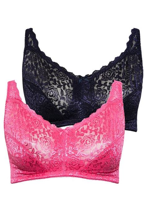 2 Pack Hot Pink And Navy Blue Lace Non Padded Non Wired Floral Bras
