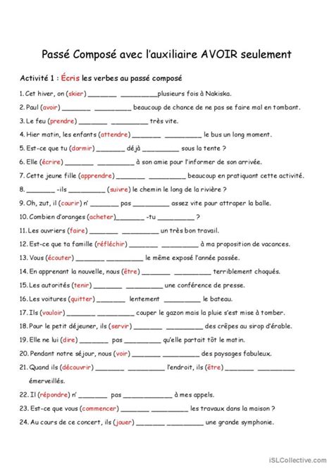 Passé Composé Avec Auxiliaire Avoir Español Ele Hojas De Trabajo Pdf And Doc