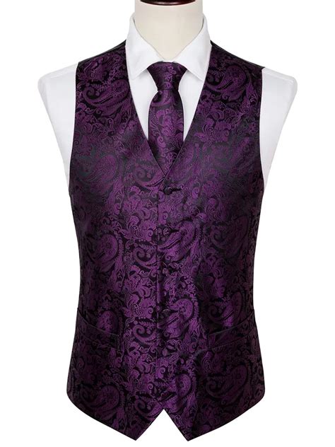 남성용 다크 퍼플 자카드 페이즐리 버튼 프론트 베스트 조끼 타이 포켓 스퀘어 커프스 단추 세트 웨딩 Temu