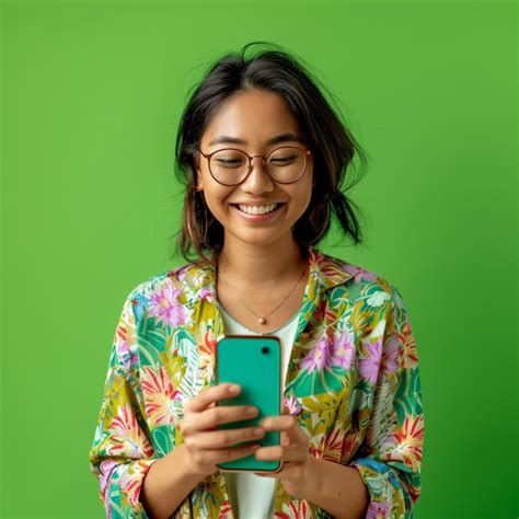 A Woman Wearing Glasses Is Smiling And Holding A Phone Premium Ai