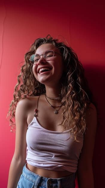 Premium Photo A Woman With Curly Hair And Glasses Is Smiling