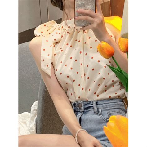 빈티지 민소매 레이스 셔츠 여성의류 봄 식 루즈핏 스키니 물방울무늬 상의
