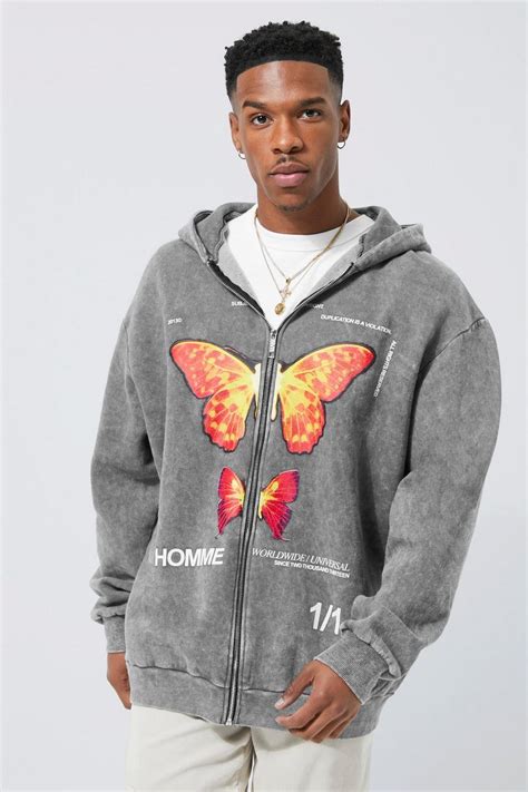 Mens Oversized Washed Graphic Zip Through Hoodie Boohoo Uk