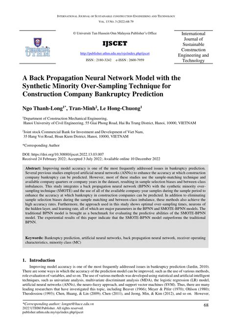 Pdf A Back Propagation Neural Network Model With The Synthetic Minority Over Sampling