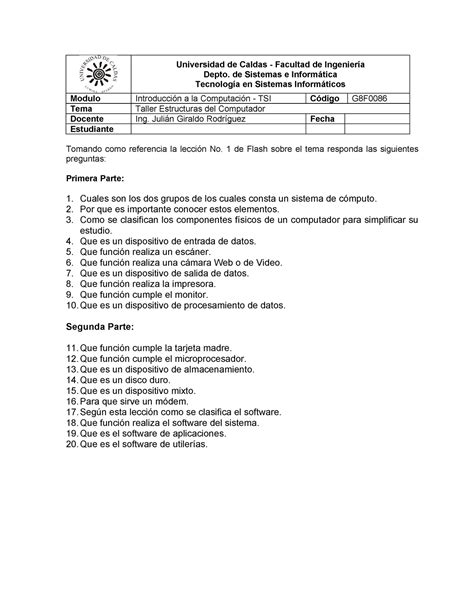 1 Taller Estructuras Del Computador Universidad De Caldas Facultad