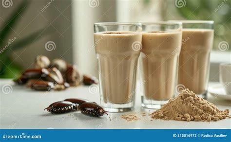 Glasses Of Protein Shake With A Heap Of Edible Insects And Insect