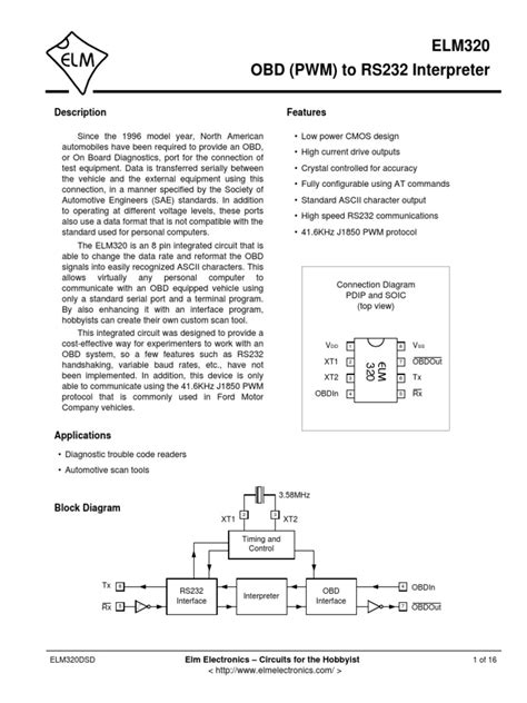 obd pwm to rs232 interpreter elm320 description features pdf electronics digital technology
