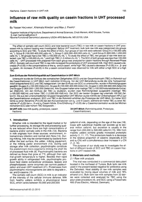 Pdf Influence Of Raw Milk Quality On Casein Fractions In Uht Processed Milk