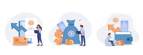 재무 그림 집합입니다 현금 신용 카드 또는 저축 은행 계좌로 돈을 저축하는 캐릭터 개인 재무 관리 및 저축 개념 벡터