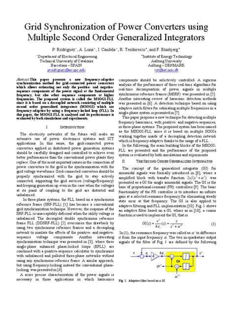 Grid Synchronization Of Power Converters Using Multiple Second Order