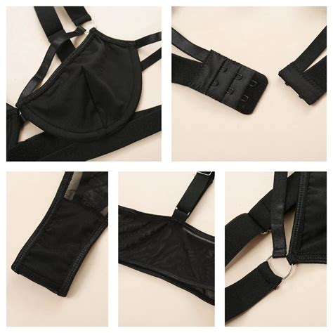 Affordable Black Strappy Bra Thong Set Garter Belt 3 Pieces