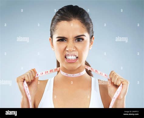 Angry Woman And Portrait With Measure Tape And Choke From Difficult