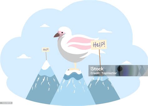 새는 기후 변화와 지구 온난화에 대해 슬퍼합니다 북극 갈매기는 산 꼭대기에 앉아 도움이 필요합니다 고독 부정적인 감정 표현에