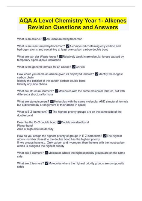 Aqa A Level Chemistry Year 1 Alkenes Revision Questions And Answers A Level Chemistry Stuvia Us