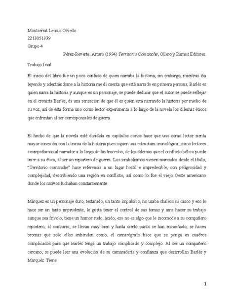 Ensayo Del Libro De 3 Cuartillas Territorio Comanche Montserrat Lemus