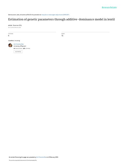 Estimation Of Genetic Parameters Through Additive Dominance Model In Lentil Pdf