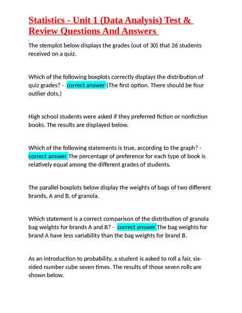 Statistics Unit 1 Data Analysis Test And Review Questions And Answers Exams Statistics Docsity
